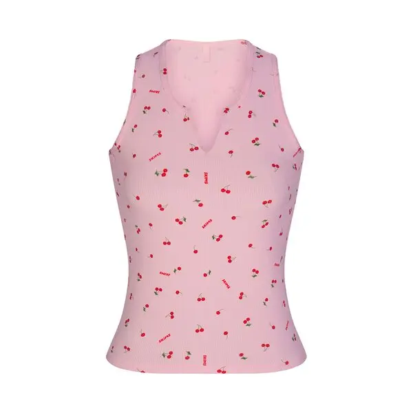 Skims Soft Lounge Split Neck Tank - Cherry Blossom Print